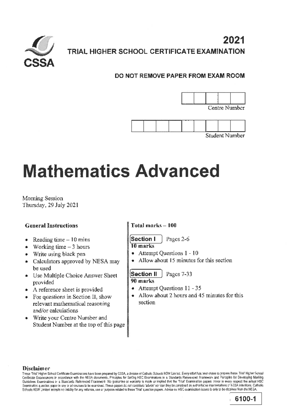 2021 Trial HSC Maths Adv Exam - 2021 TRIAL HIGHER SCHOOL CERTIFICATE ...