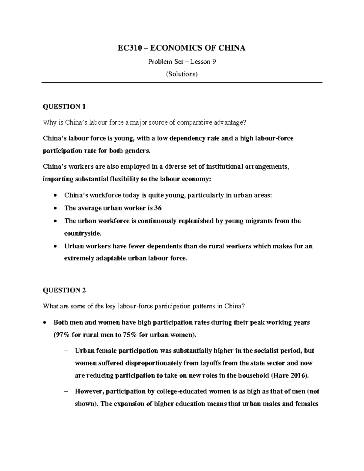 Lesson 9 - Weekly Problem Sets (Solutions) - EC310 3 ECONOMICS OF CHINA ...