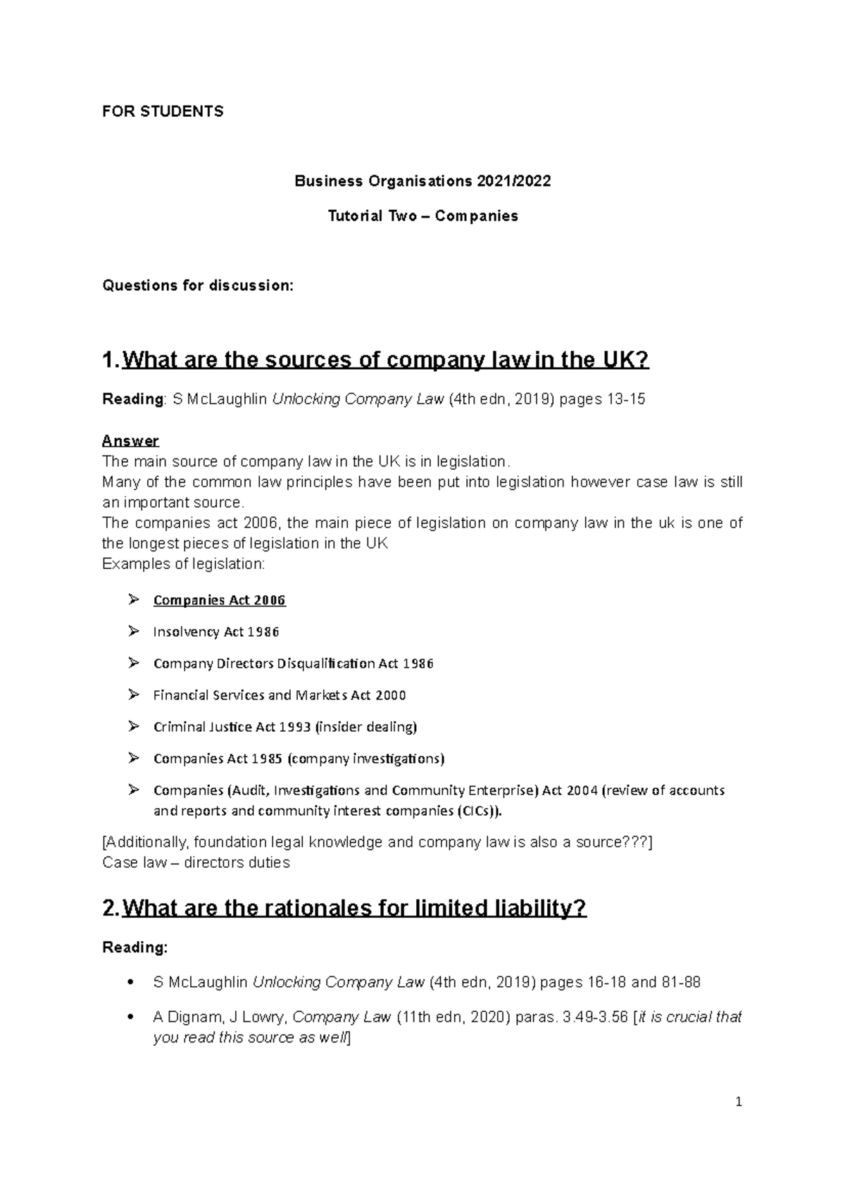 Tutorial 2 on Company Law - FOR STUDENTS Business Organisations 2021 ...