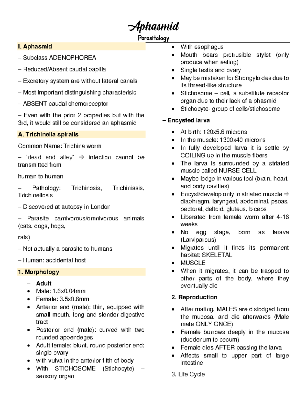 Parasitology Aphasmid Summary - Parasitology I. Aphasmid Subclass ...