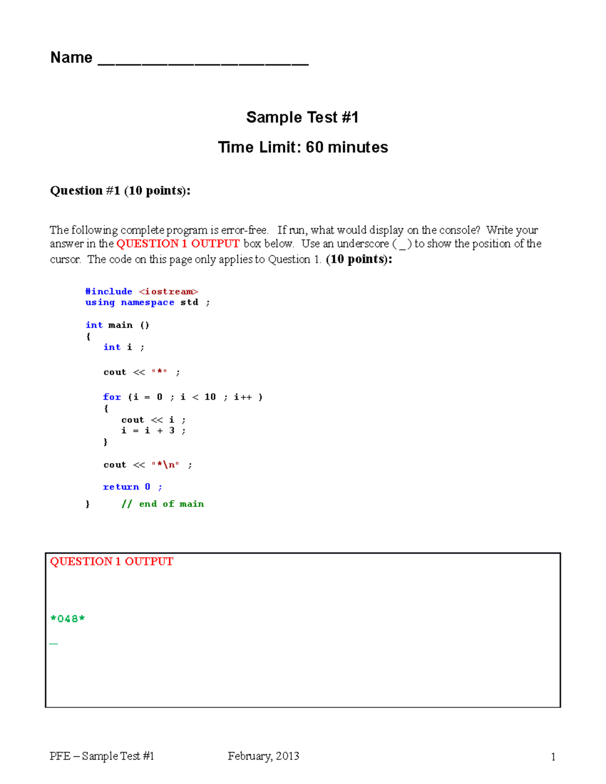 Sample Test1 w answers - Lecture notes 5 - Name Sample Test Time Limit ...