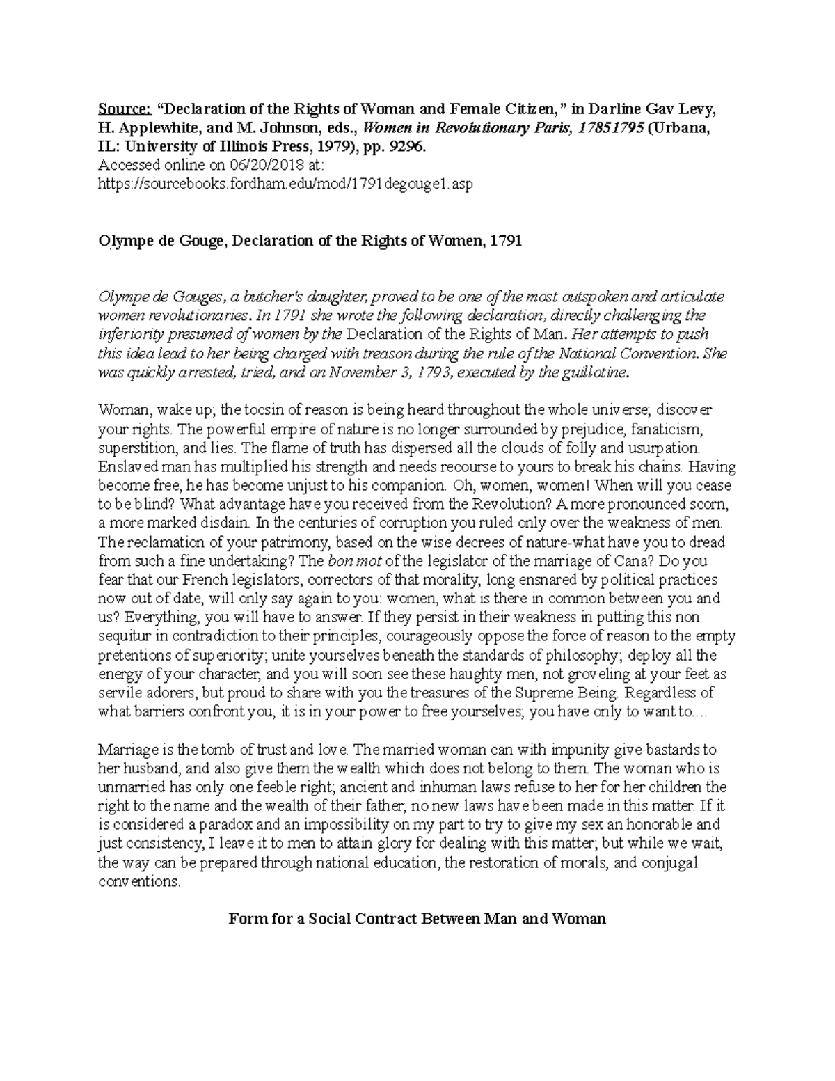 Rights of Women de Gouge - Source: “Declaration of the Rights of Woman ...