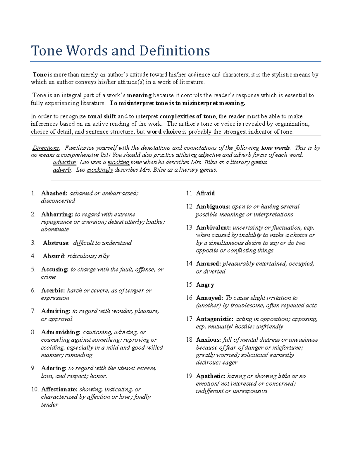 Tone Words and Definitions - Tone is an integral part of a meaning ...