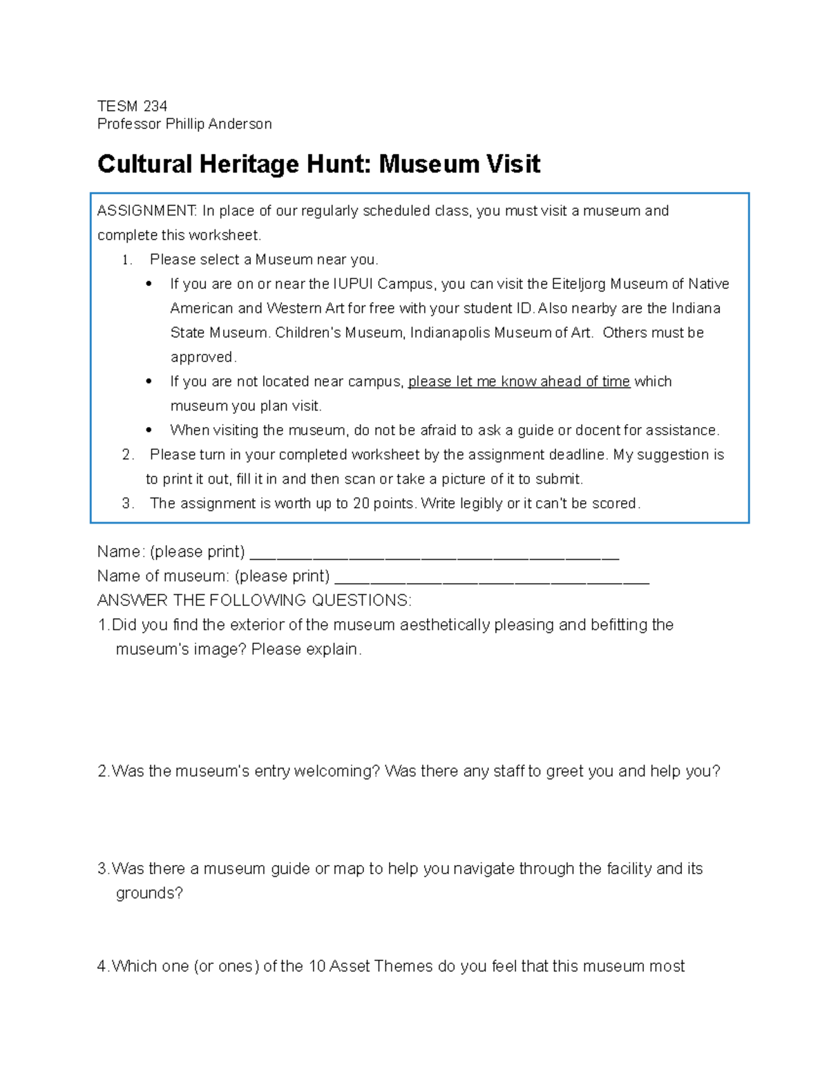 CHH Museum Worksheet Blank - TESM 234 Professor Phillip Anderson ...