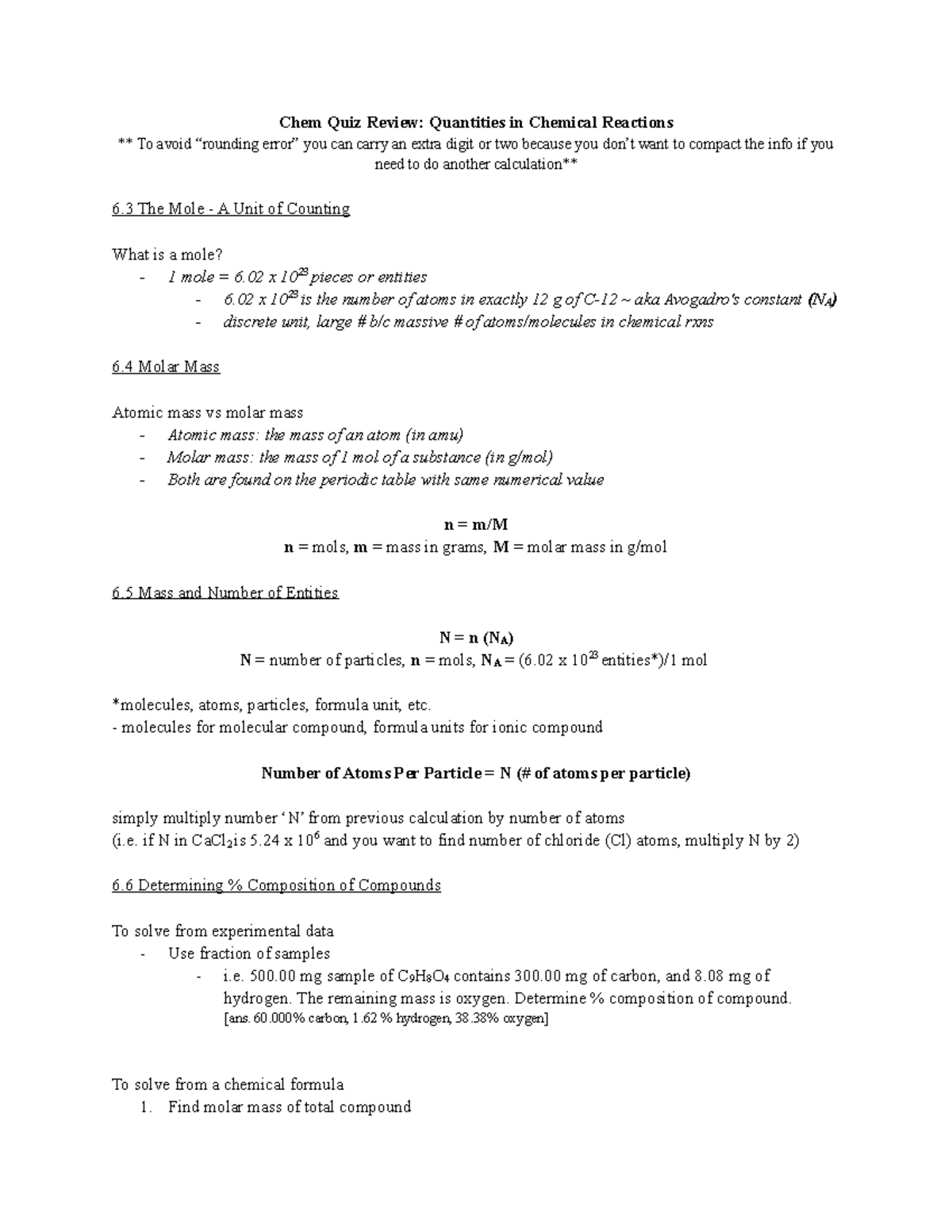 Chem Quiz Review Quantities in Chemical Reactions - molecules for ...