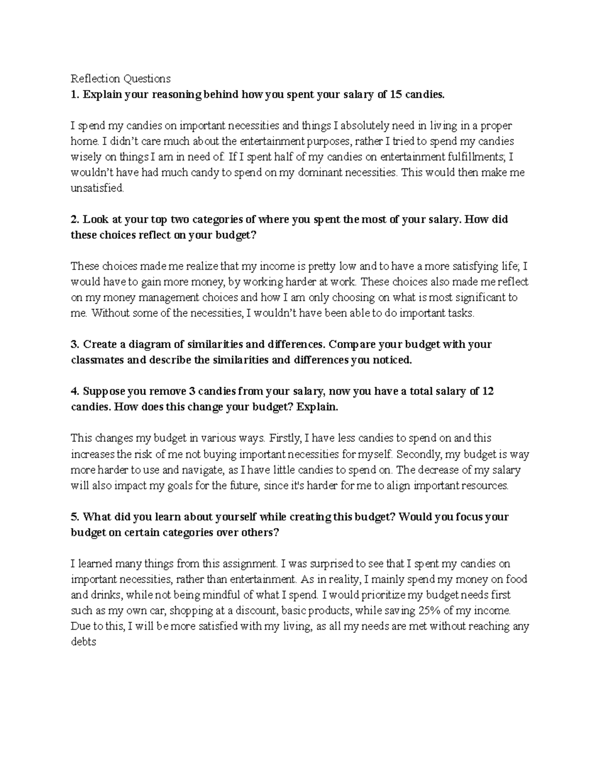 Budget Assignment 1 - worksheet - Reflection Questions Explain your ...