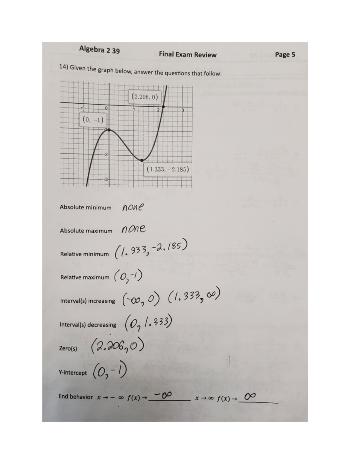 ANS KEYS 2 Final Exam Review ALG II level 39 - Algebra 239 Final Exam Review Page 5 14) Given ...
