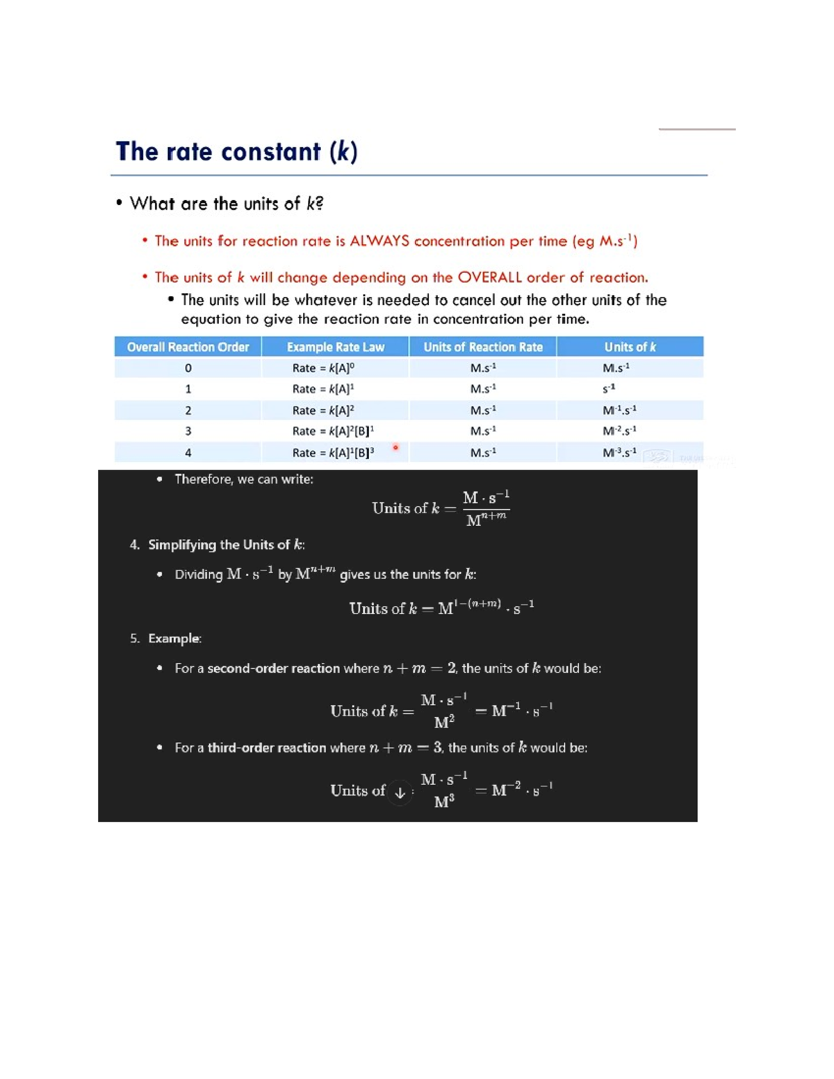 Summary chem - concepts - The rate constant (k) What are the units of k ...