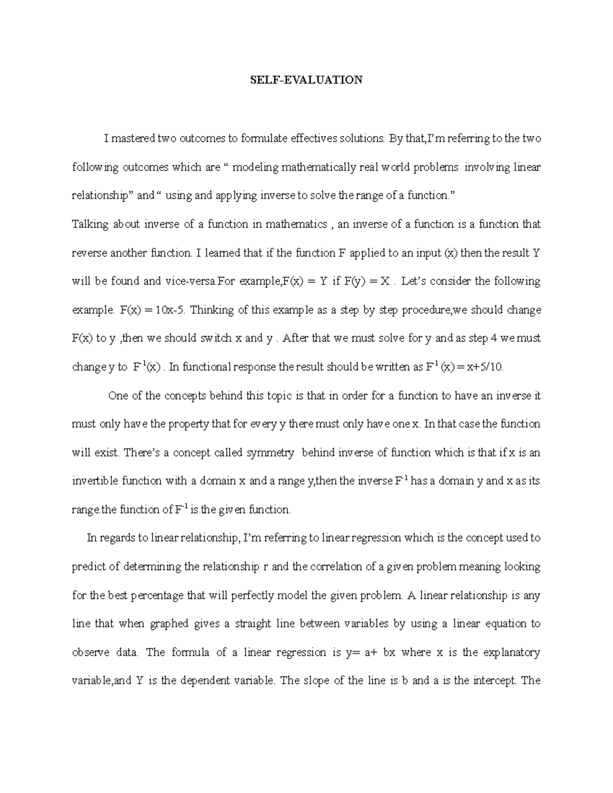 - Self Evaluation - SELF-EVALUATION I mastered two outcomes to ...