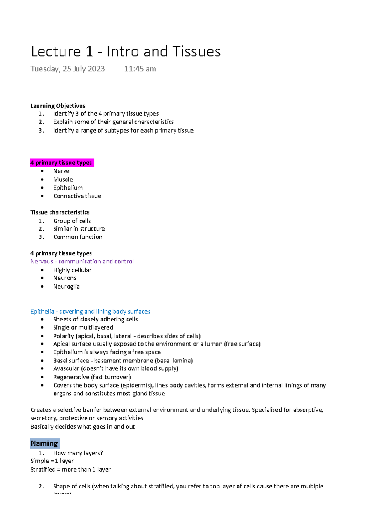 Lecture 1 - Intro and Tissues - ANHB1102 - UWA - Studocu