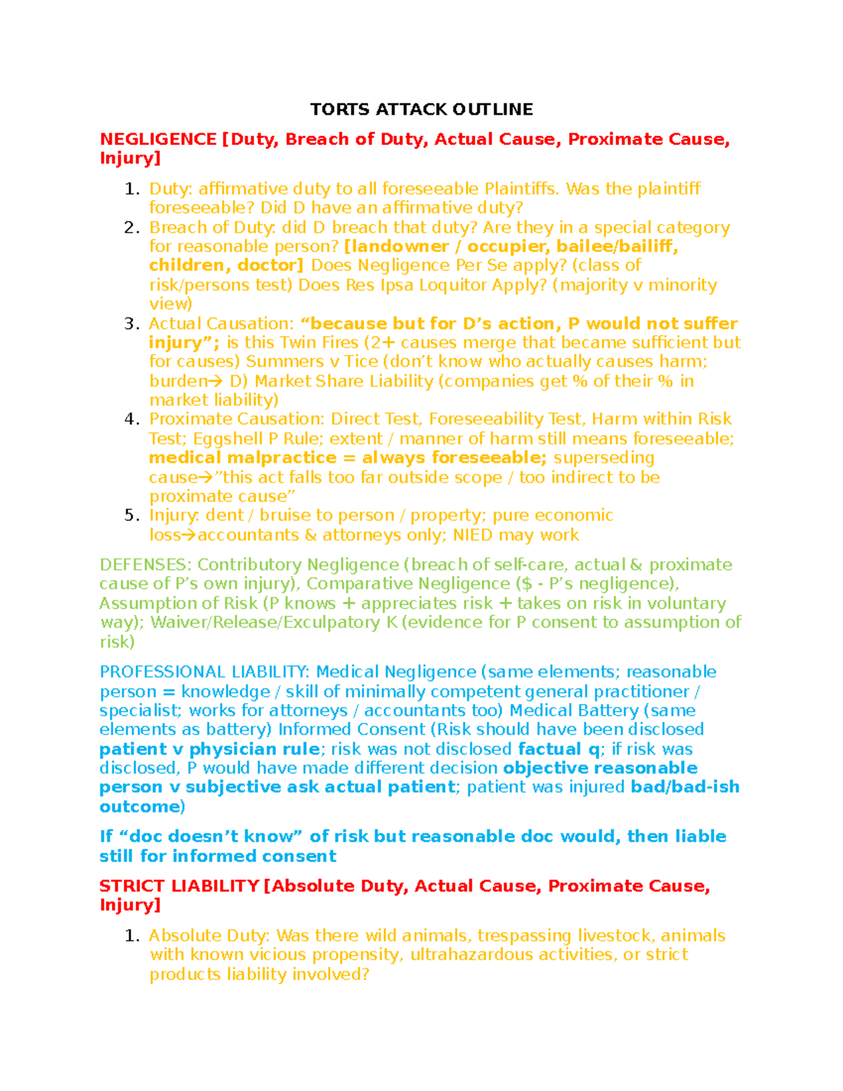 Torts Attack Outline - TORTS ATTACK OUTLINE NEGLIGENCE [Duty, Breach of ...