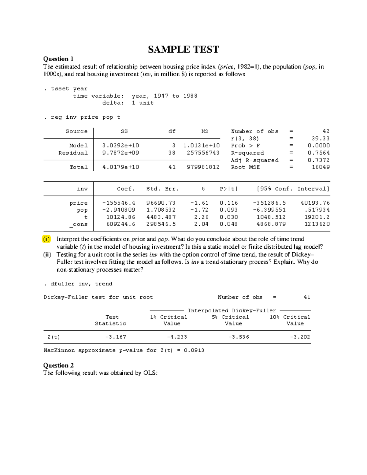 Sample-TEST - no comment - SAMPLE TEST Question 1 The estimated result ...