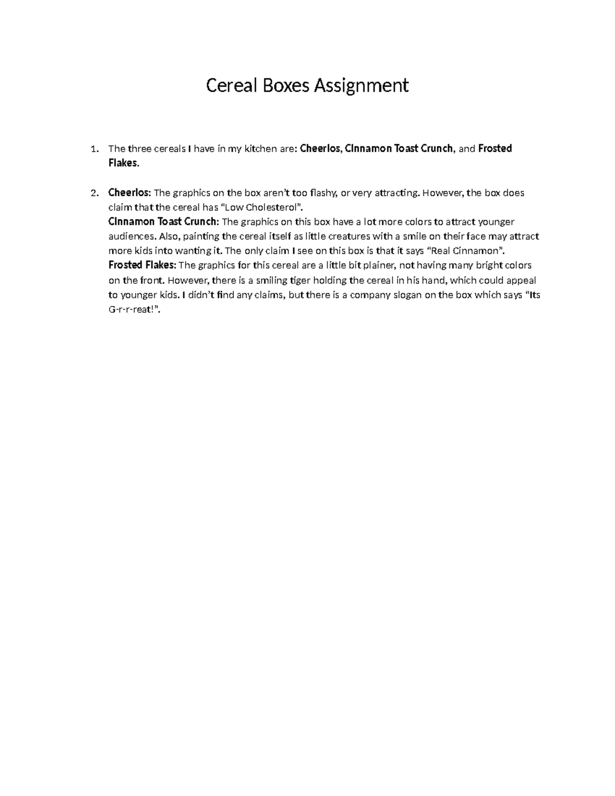 Cereal Boxes Assignment - Cereal Boxes Assignment The three cereals I ...