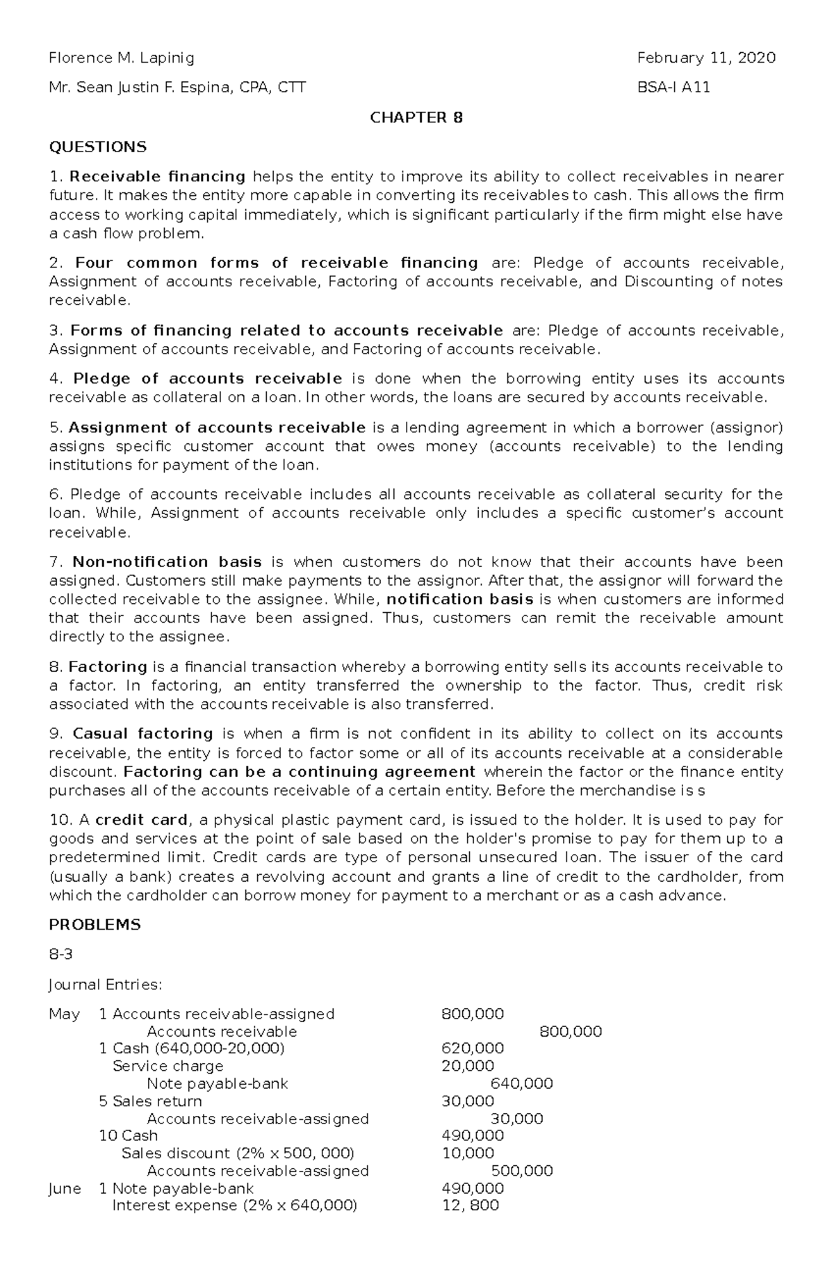 2far chapter 8-9 assignment summary - Florence M. Lapinig February 11 ...