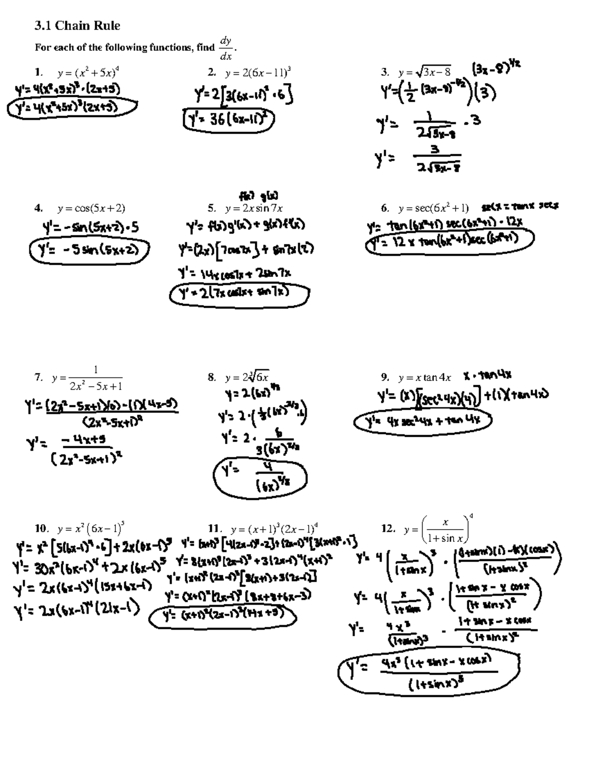 Math Calculus Derivative P2 #1 Chain Rule Wkst - 3 Chain Rule For each ...