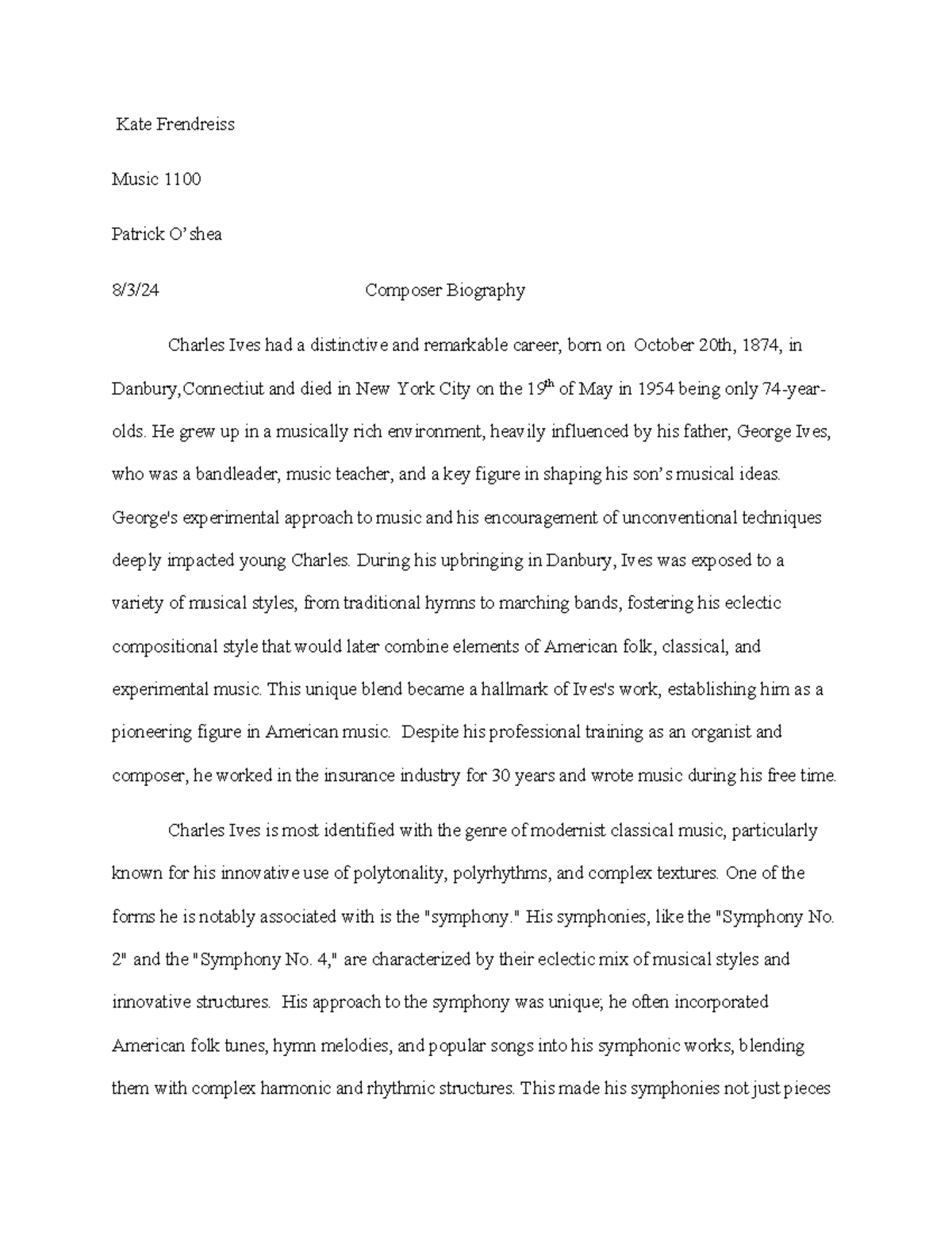 Research Paper - Kate Frendreiss Music 1100 Patrick O’shea 8/3/24 ...