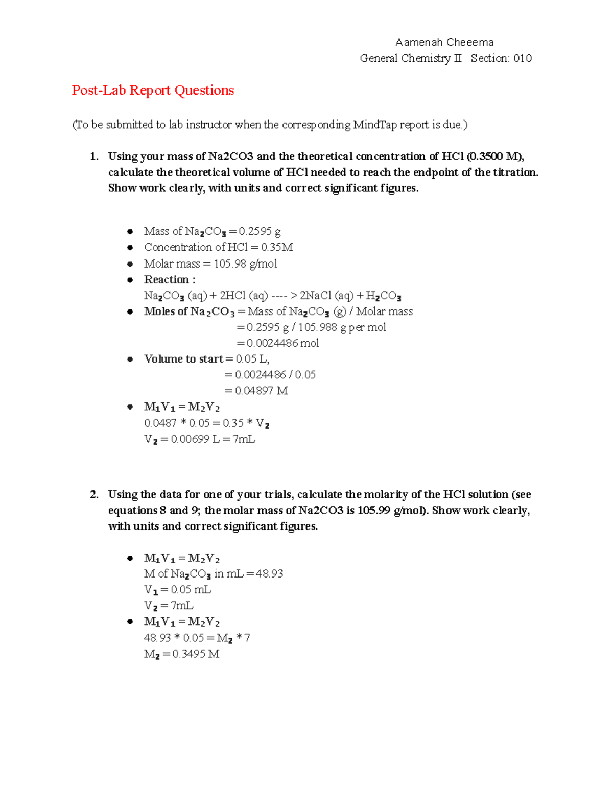 Post-Lab Report 4. - Google Docs - Aamenah Cheeema General Chemistry II ...
