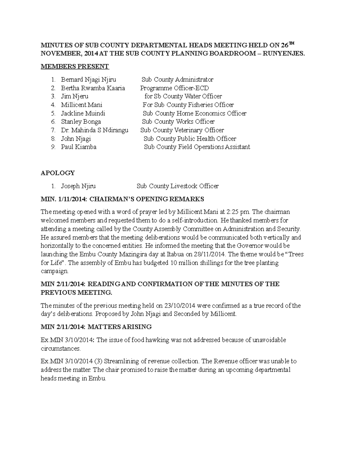 Minutes OF SUB County Departmental Heads Meeting HELD ON 26TH November ...