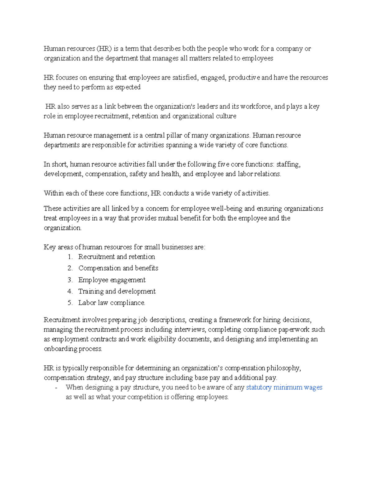 Human Resources in a Small Business Notes - Human resources (HR) is a ...