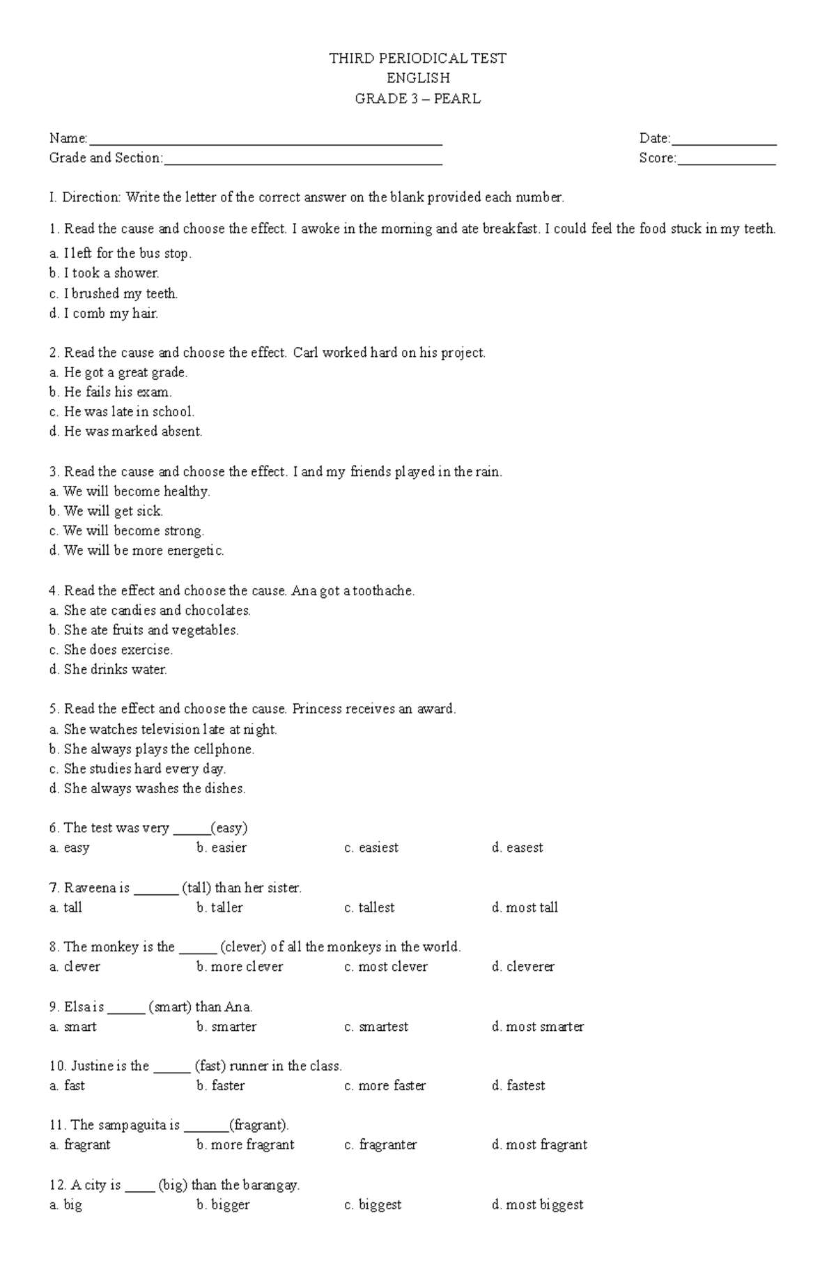 3rd periodical Test english - THIRD PERIODICAL TEST ENGLISH GRADE 3 ...