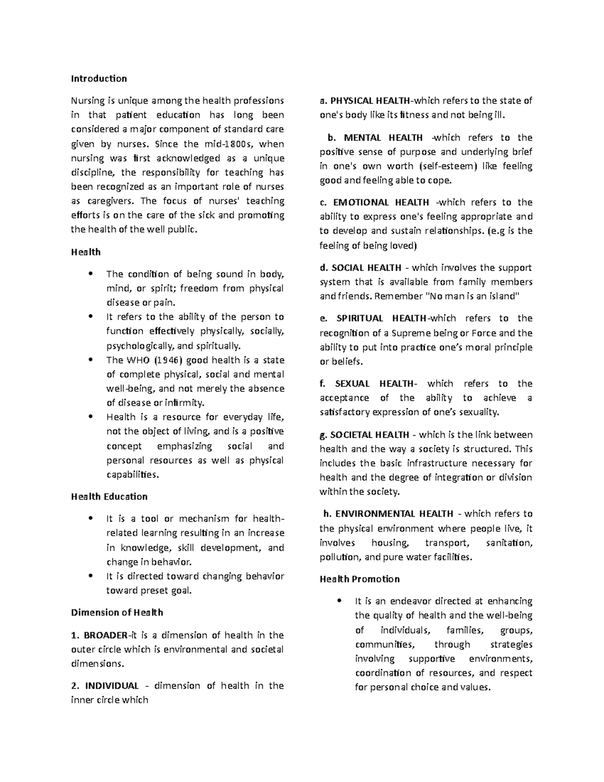 Week-1 - Lecture notes Health Education - Introduction Nursing is ...