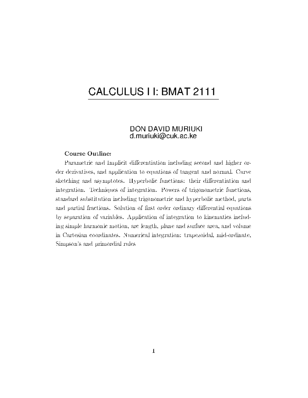 Calculus ii-final - Notes - Course Outline: Parametric and Implicit di ...