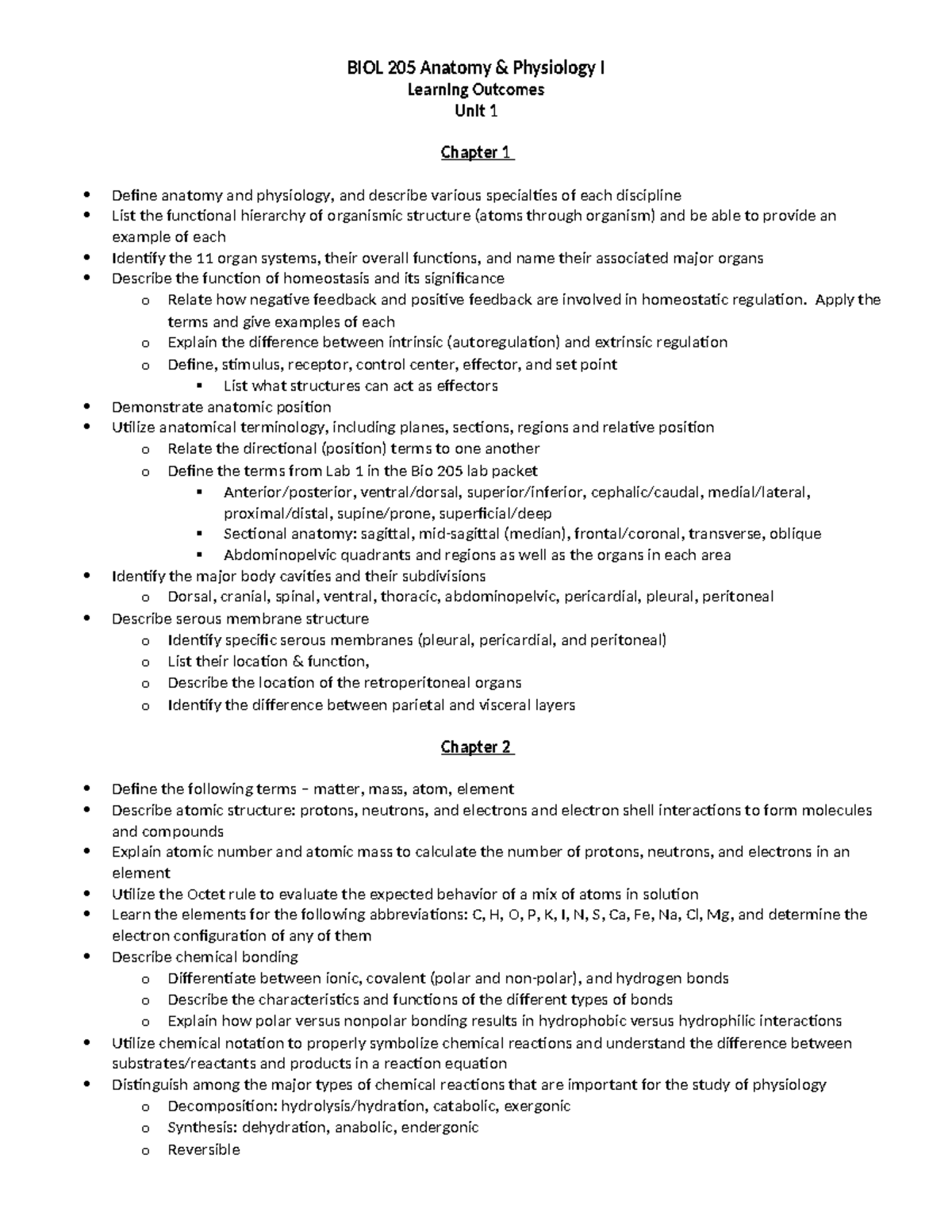 Unit 1 LO BIOL 205 S21 - lecture power point - BIOL 205 Anatomy & Physiology I Learning Outcomes ...