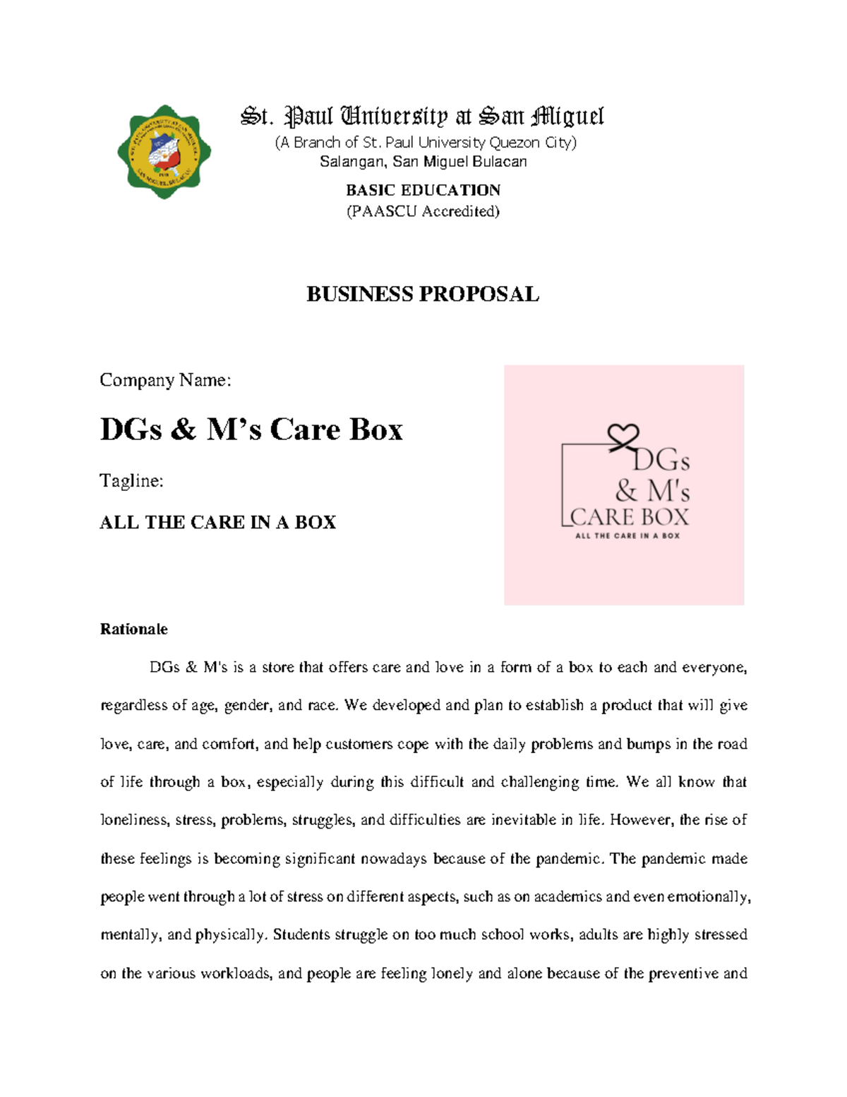DGs and Ms Care Box Business Proposal - St. Paul University at San ...
