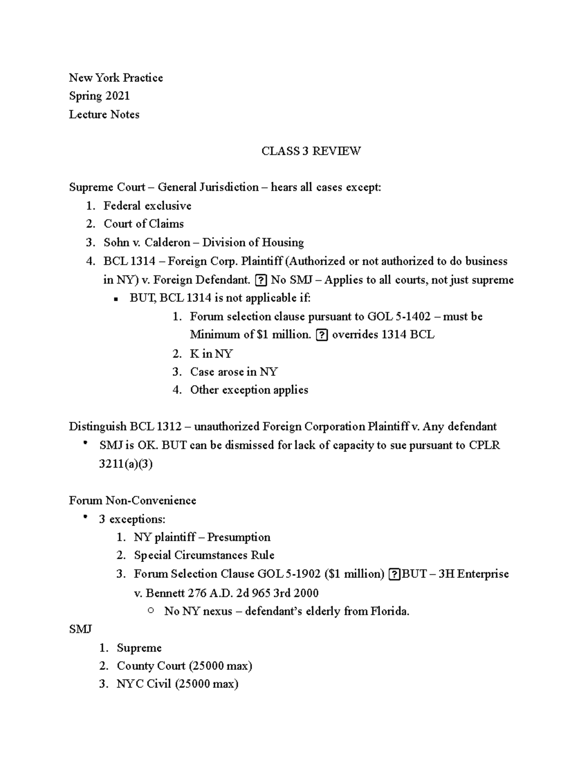 Class 3 Review - Lecture notes 3 - New York Practice Spring 2021 ...