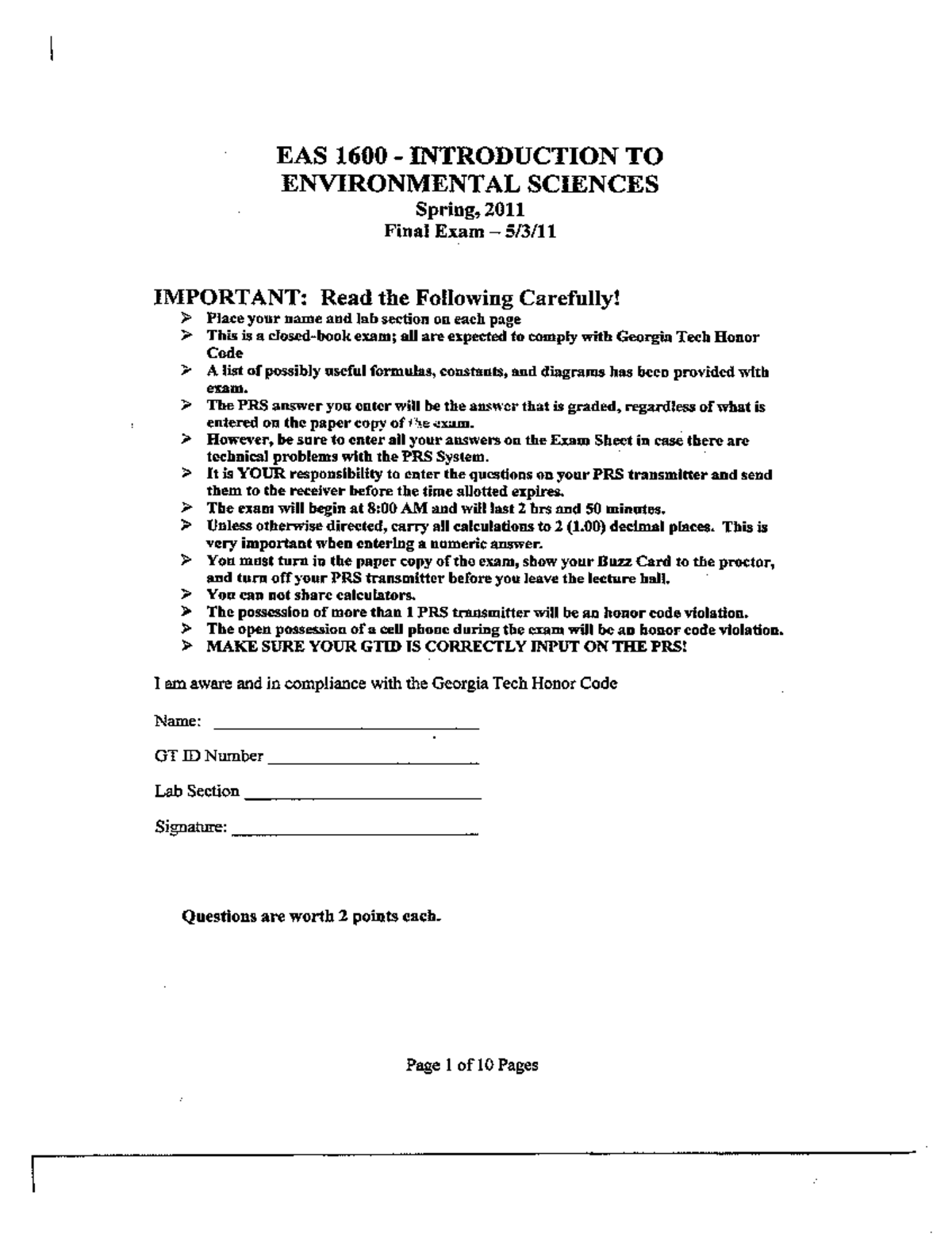 EAS 1600 Final EXAM 11' - Exam Solutions - EAS 1600 INTRODUCTION TO ...