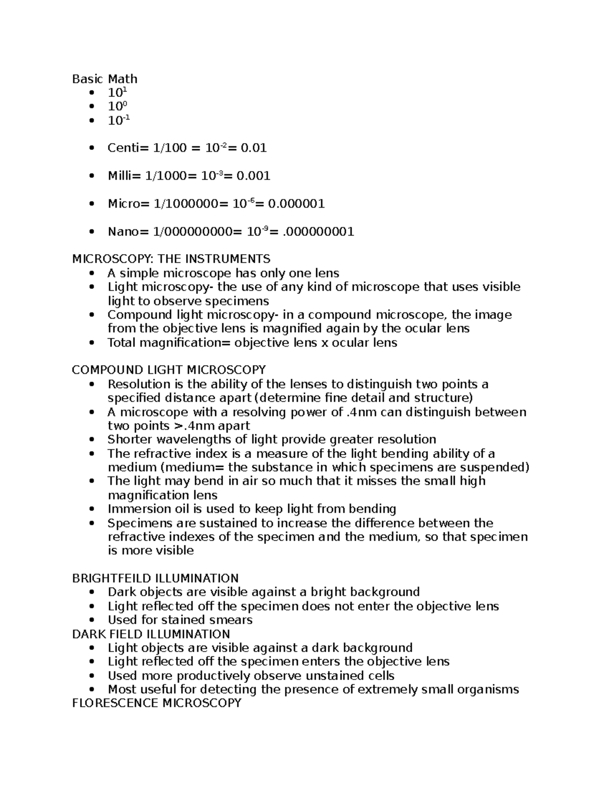 Microbiology Chapter 3 Notes - Basic Math 101 100 10 - Centi= 1/100 ...