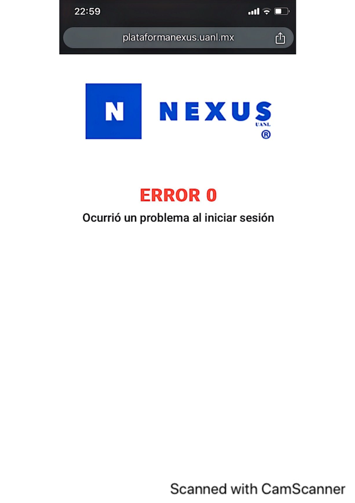 Evidencia falla de nexus - 22:59 plataformanexus.uanl 1 N NEXUS UANI R ERROR 0 Ocurrió un ...