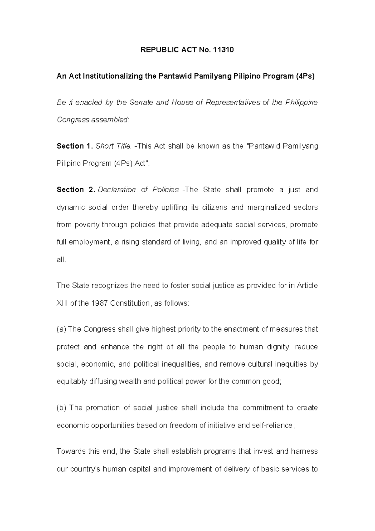 Republic ACT No 11310 - Summary Bachelor of Secondary Education Social ...