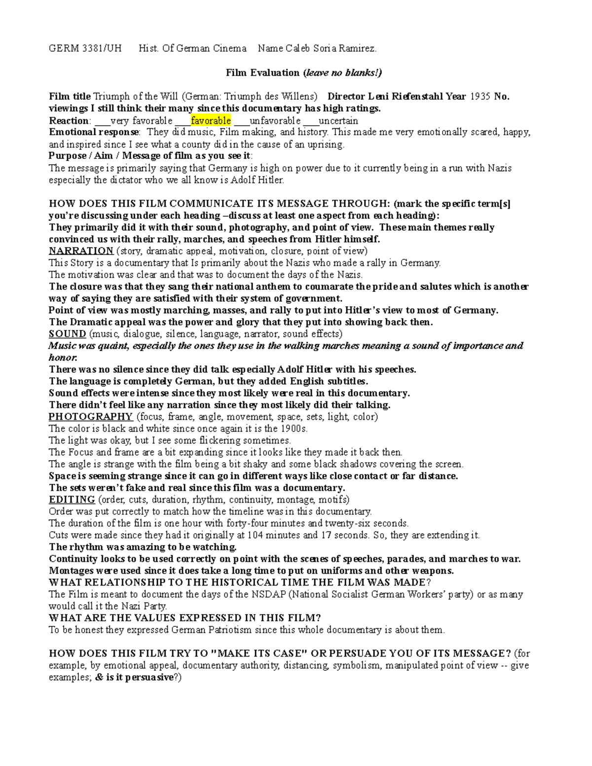 Triumph of the will Film Motivation - GERM 3381/UH Hist. Of German ...