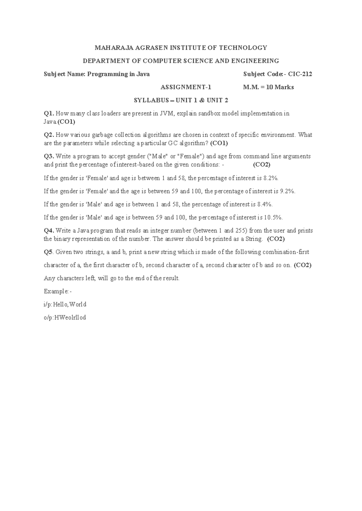 Assignment 1 Java - MAHARAJA AGRASEN INSTITUTE OF TECHNOLOGY DEPARTMENT OF COMPUTER SCIENCE AND ...