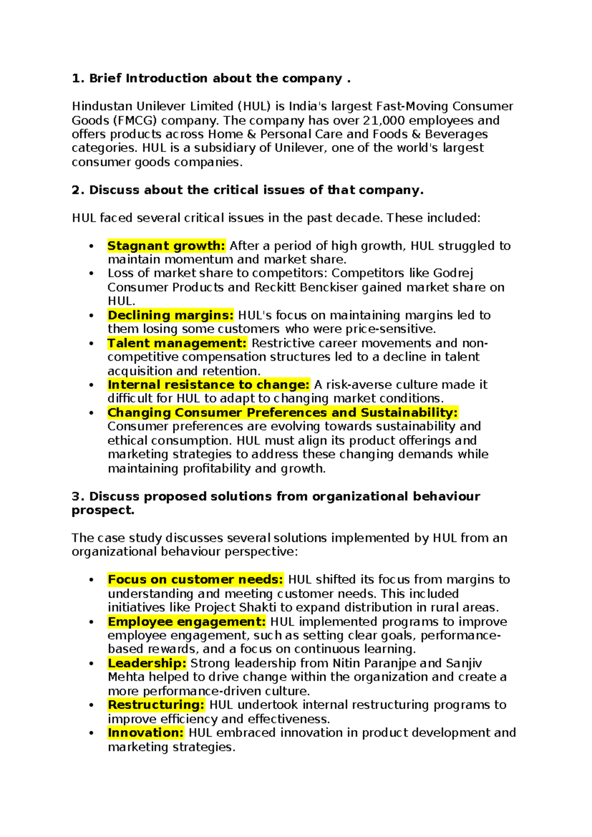 HUL case study discussion points - 1. Brief Introduction about the ...