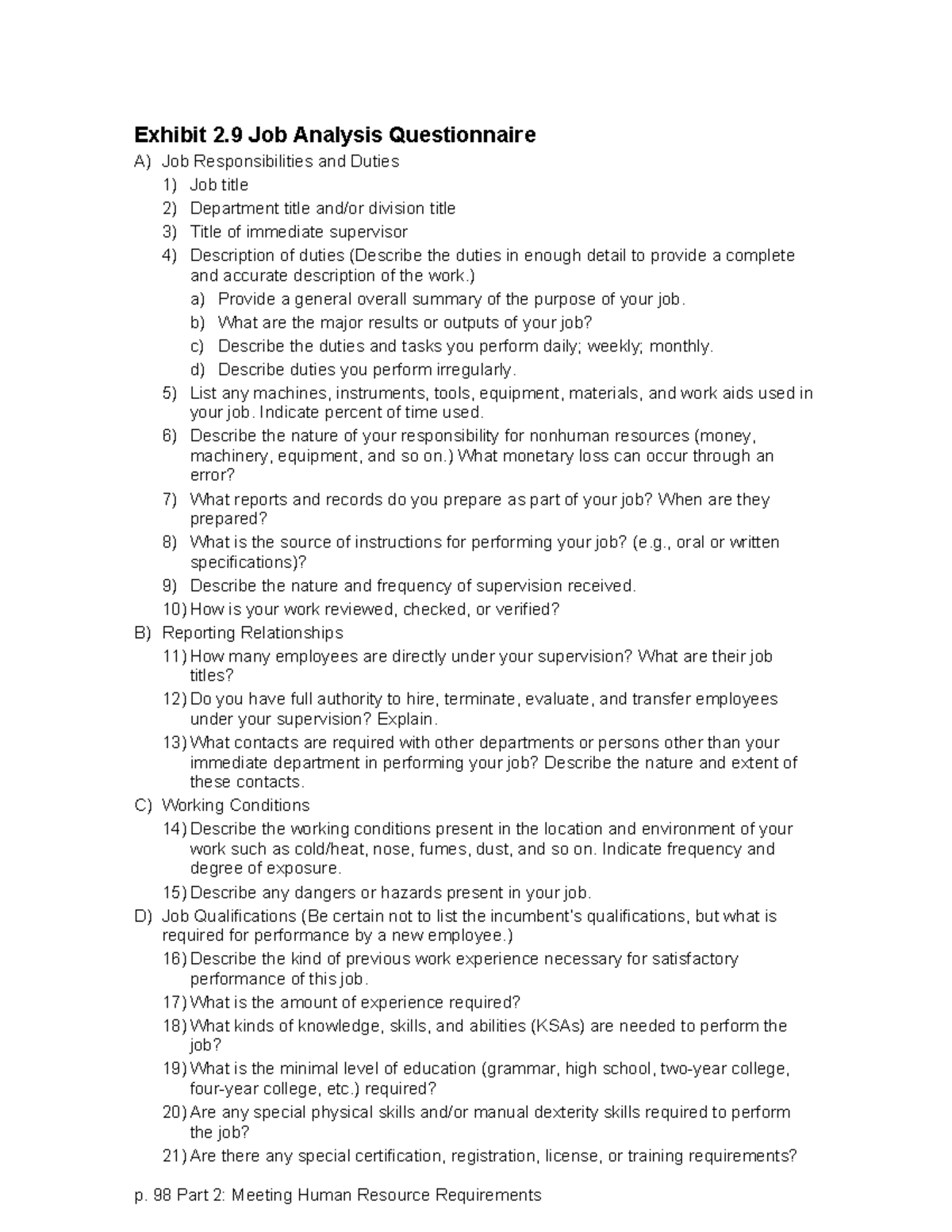 Job Analysis Questionnaire - ) a) Provide a general overall summary of ...