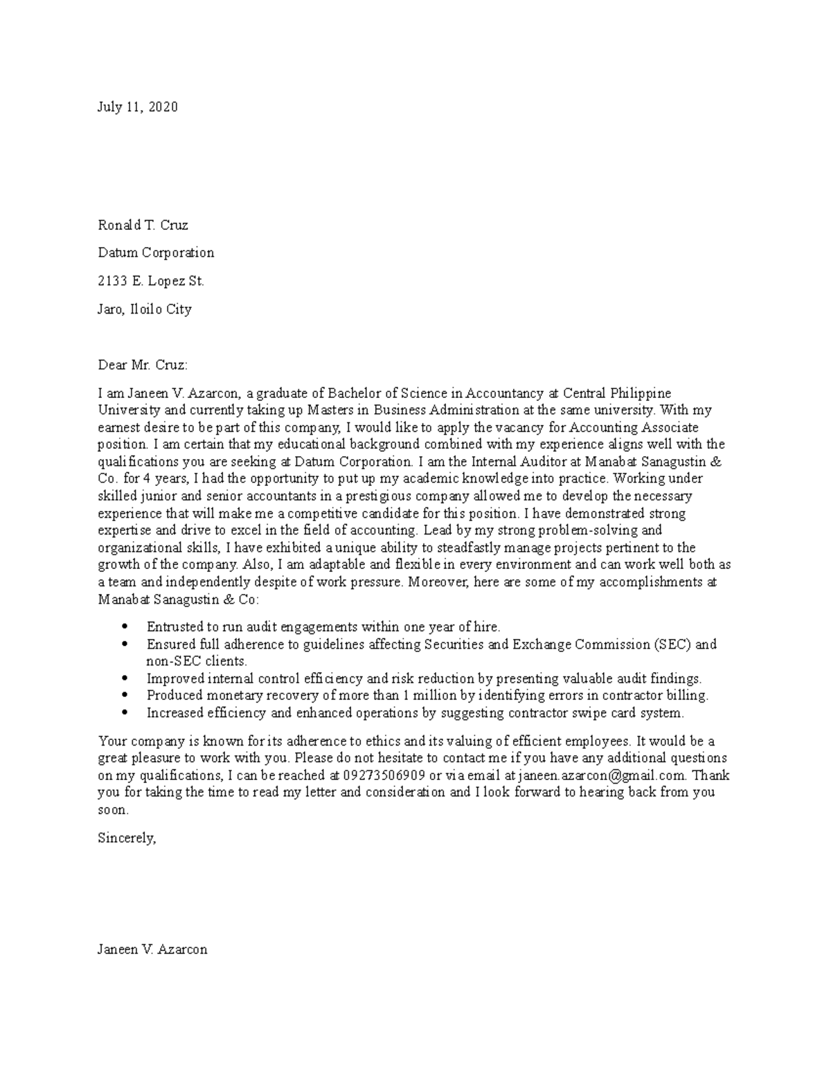 Application Letter - July 11, 2020 Ronald T. Cruz Datum Corporation ...