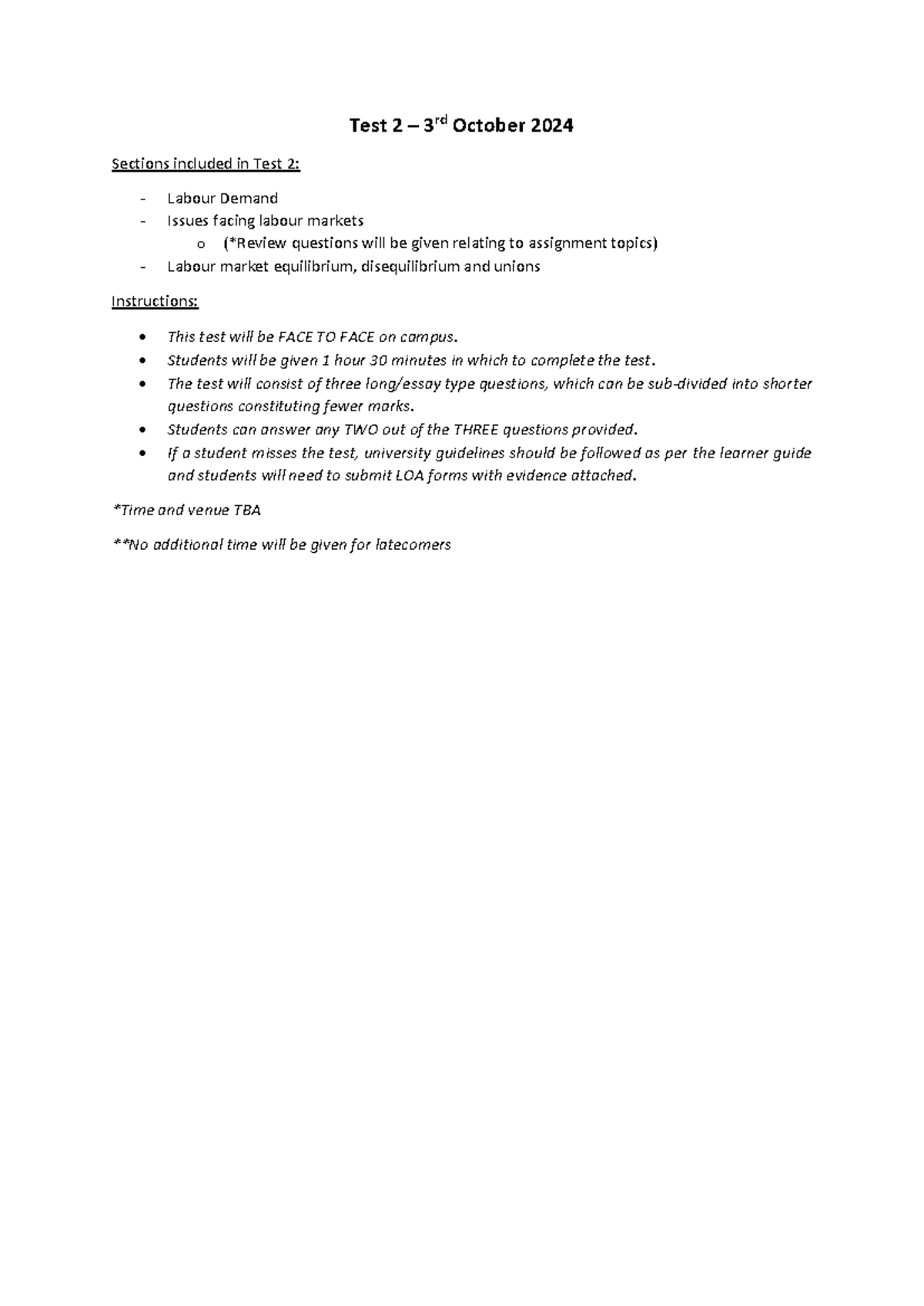 Test 2 Review Questions and Guidelines - Test 2 – 3 rd October 2024 ...