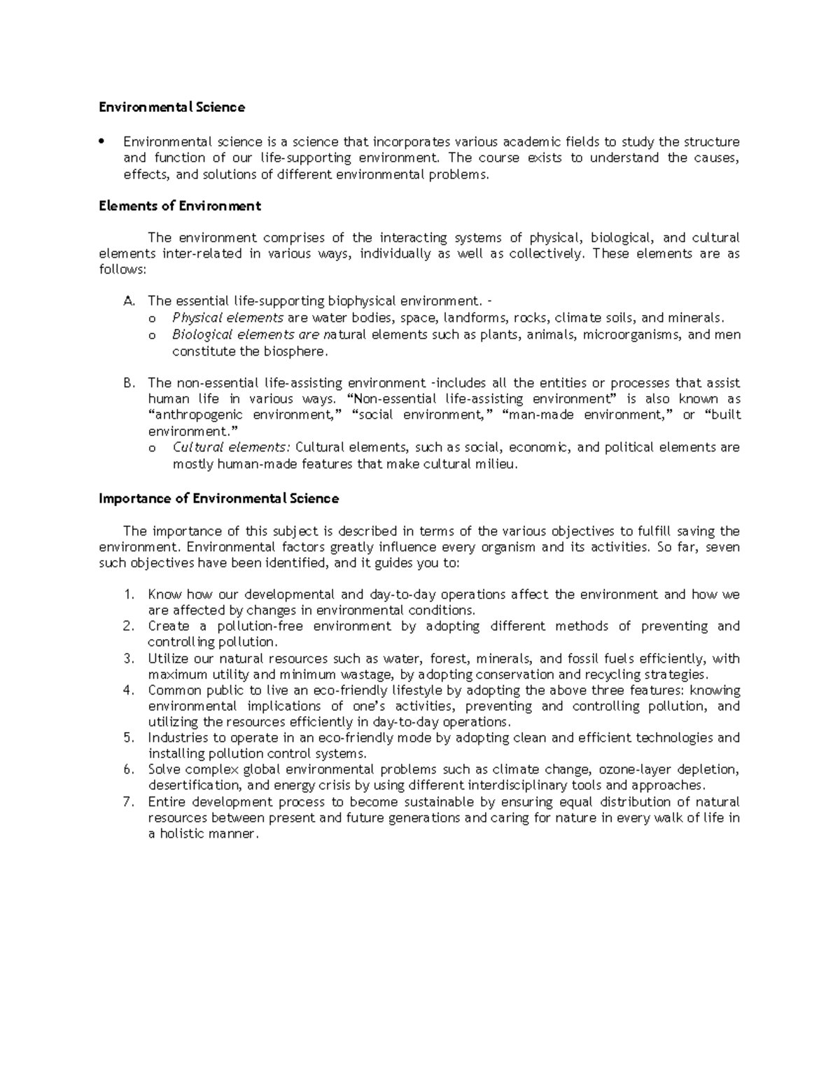 Environment Science UNIT 1 - Environmental Science Environmental ...