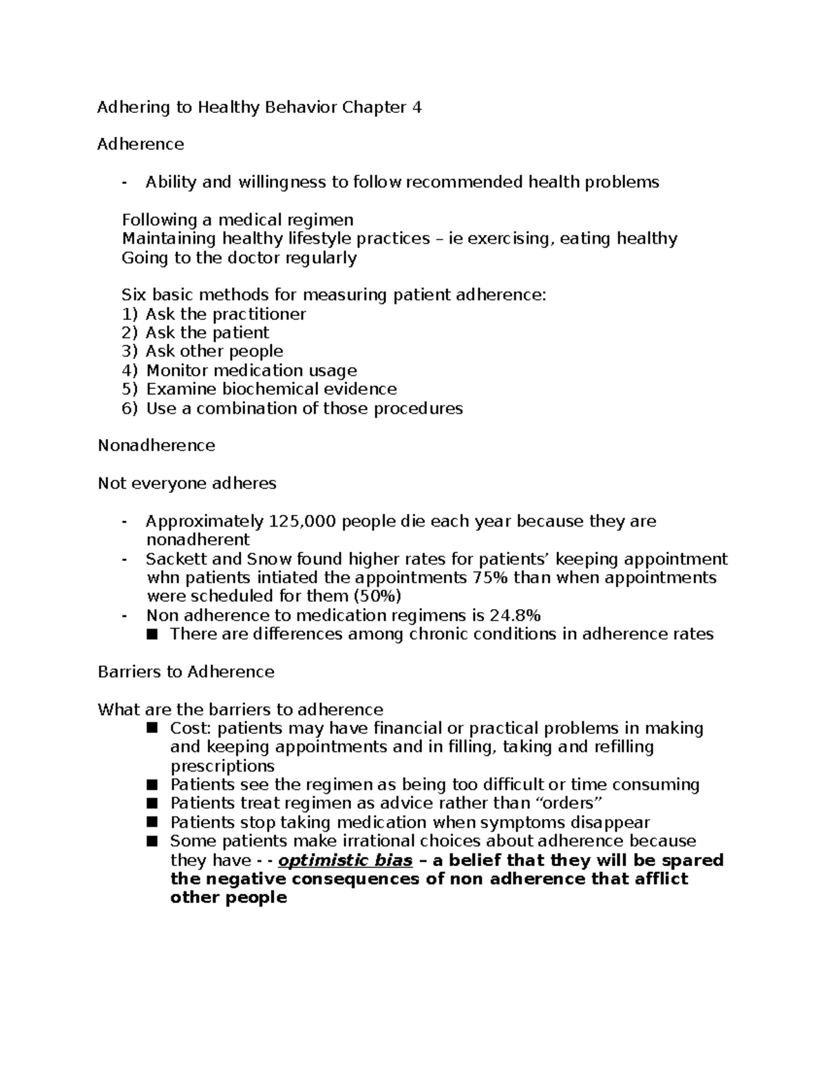 Health psychology chapter 4 notes - Adhering to Healthy Behavior ...