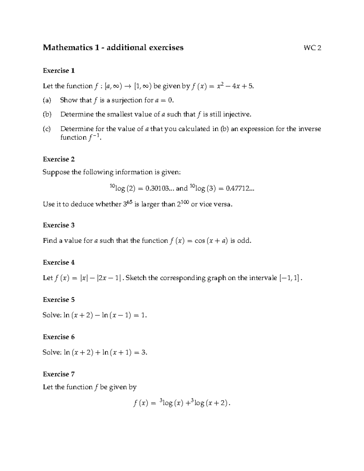 WC 2 exercises - Opdrachten gegeven in het 2e werkcollege - Mathematics 1 - additional exercises ...