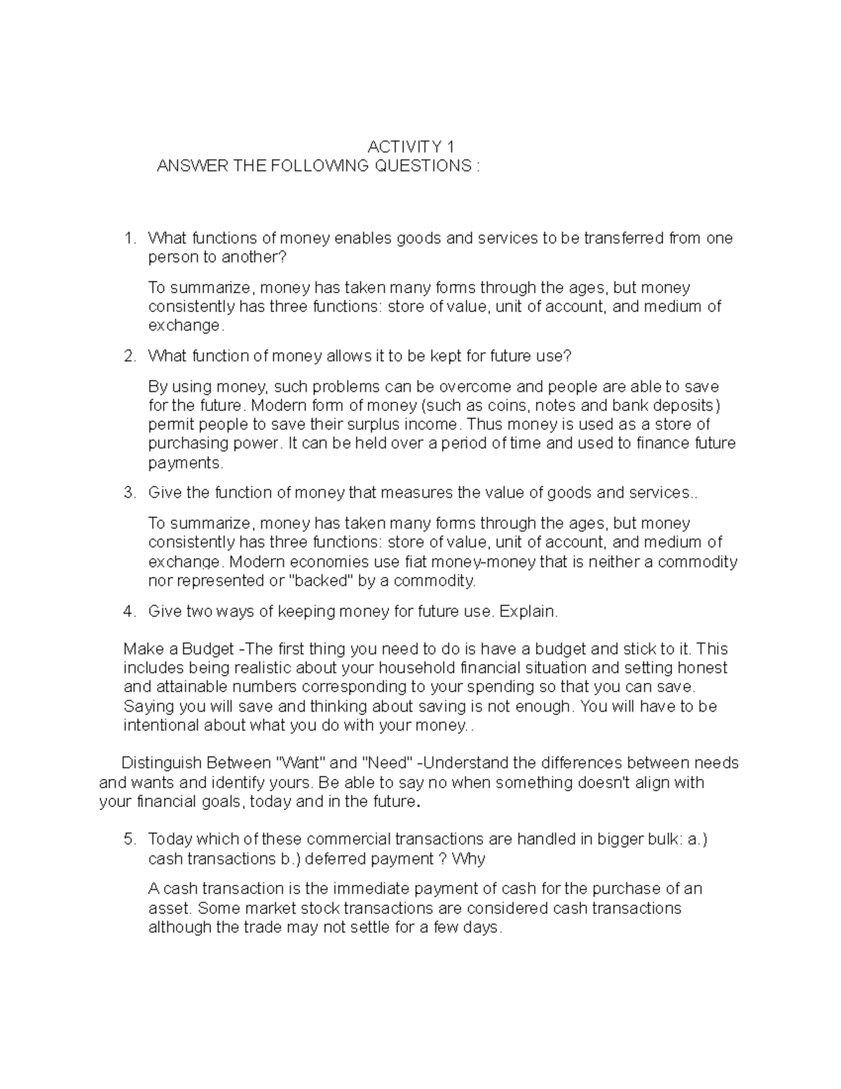 Activity 1 for economics - ACTIVITY 1 ANSWER THE FOLLOWING QUESTIONS ...