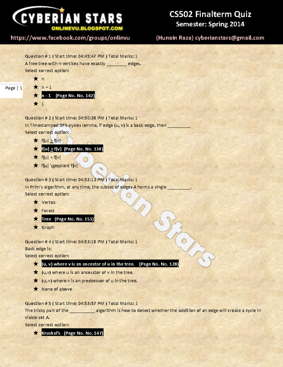 CS502 Finalterm Quiz Solved By Hunain Raza - Semester: Spring 2014 facebook/groups/onlinvu ...