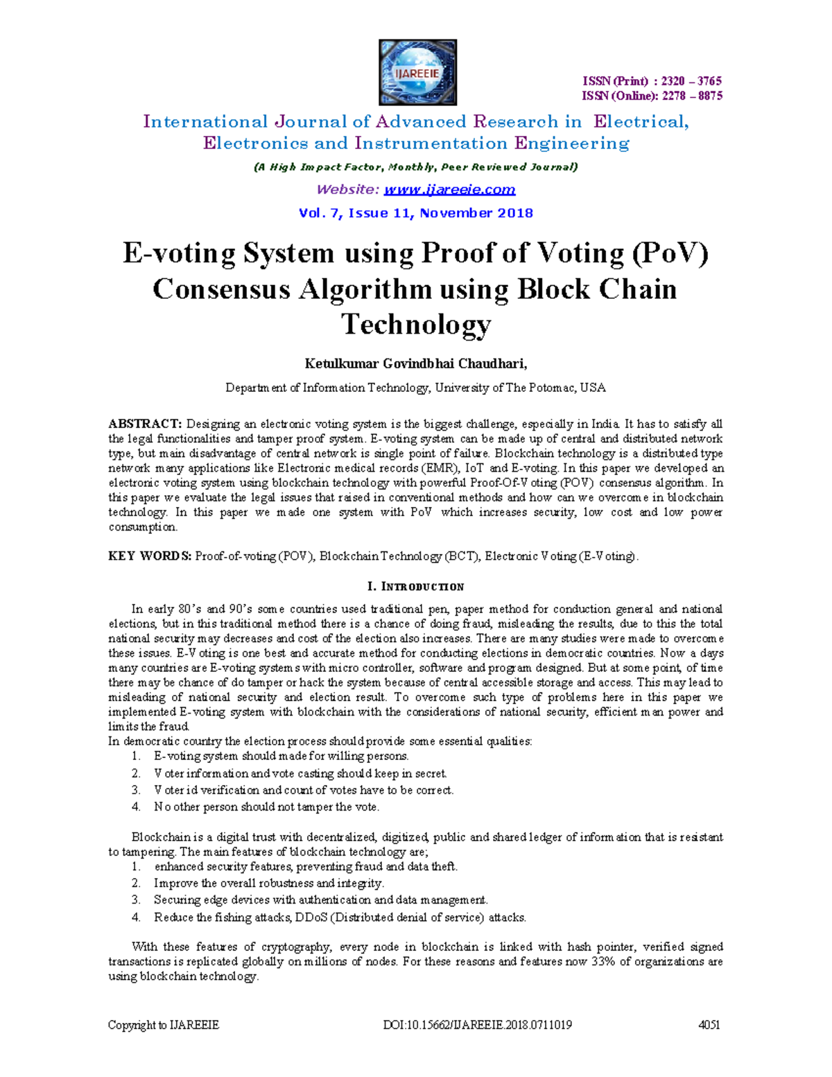 E voting System using Proof of Voting Po - ISSN (Online): 2278 – 8875 ...