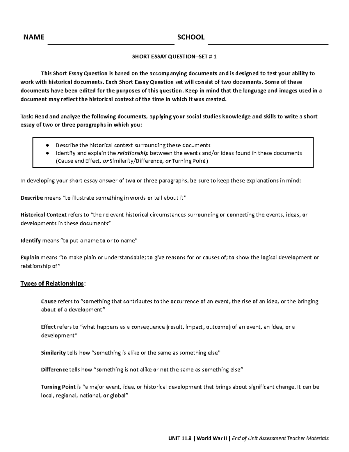 Copy of 11.8 End of Unit Assessment SEQ (KEY) - NAME SCHOOL SHORT ESSAY ...