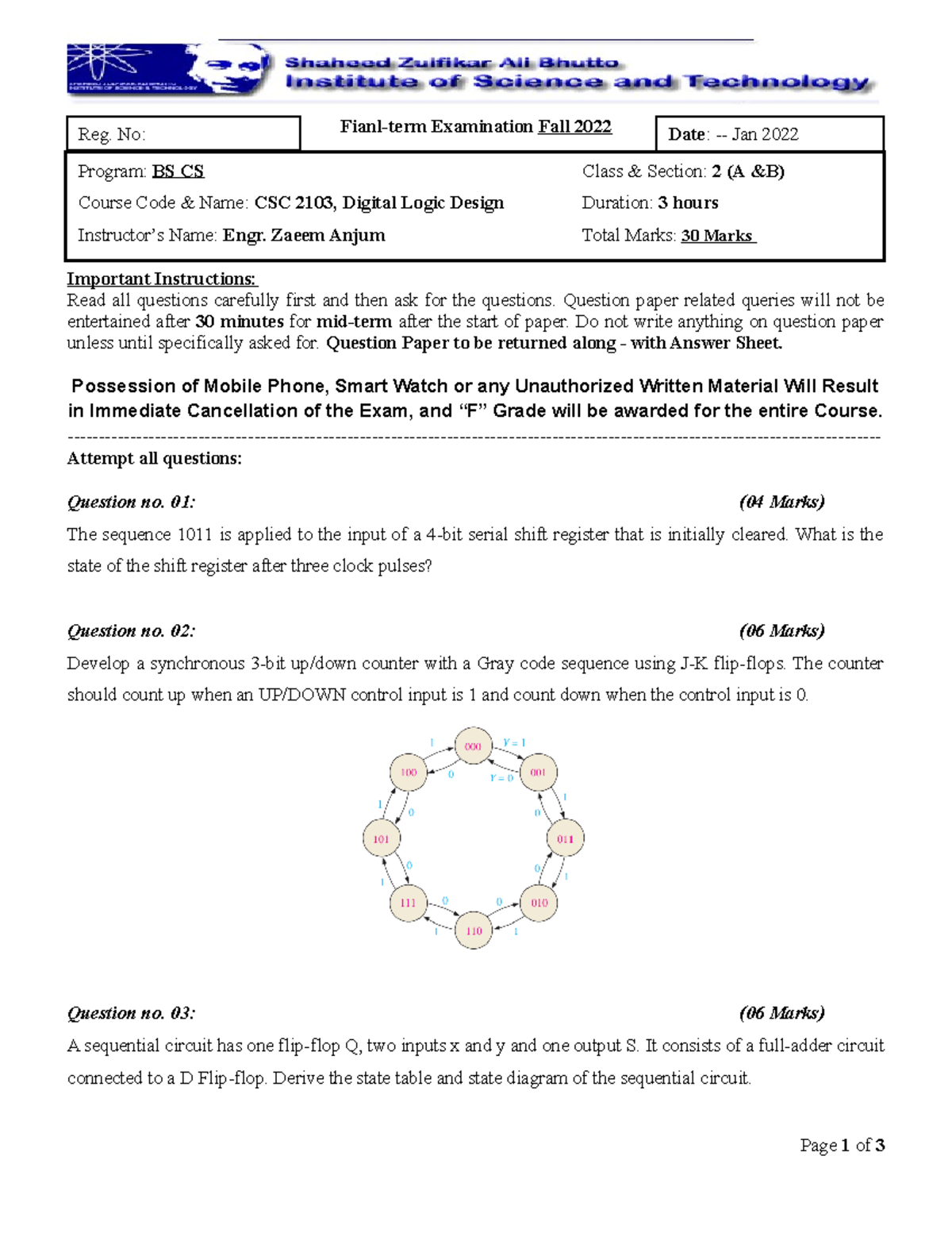 Final term DLD - Fianl-term Examination Fall 2022 Important ...