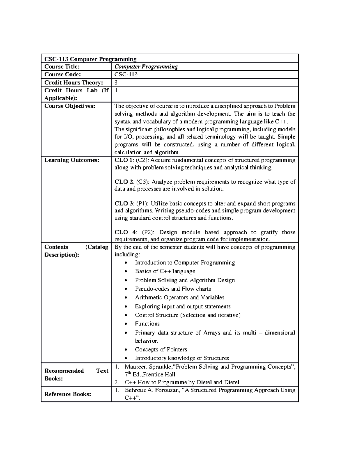 Bahria - THis is the PF course outline - CSC-113 Computer Programming ...