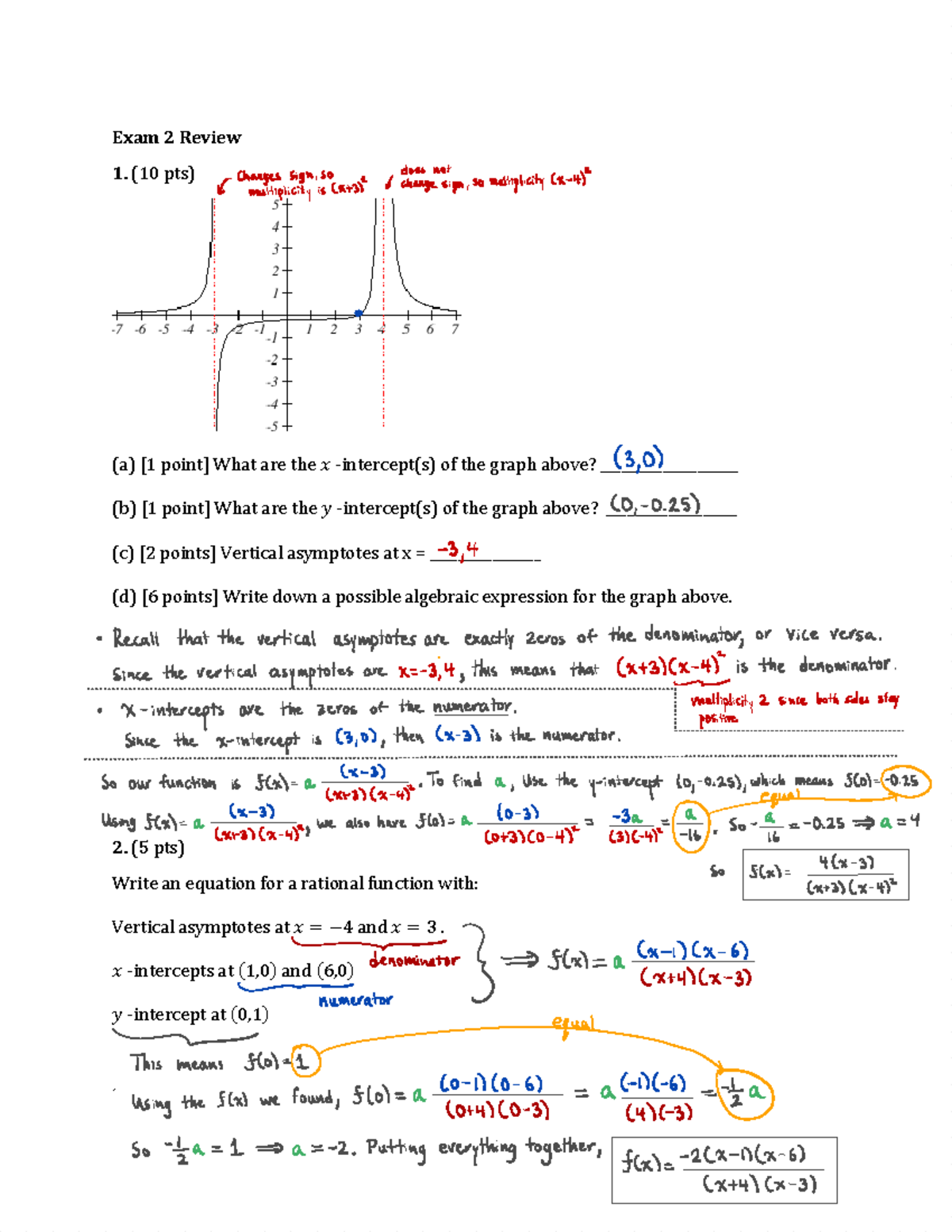 Exam 2 Review - Exam 2 Review (10 pts) (a) [1 point] What are the 𝑥 ...