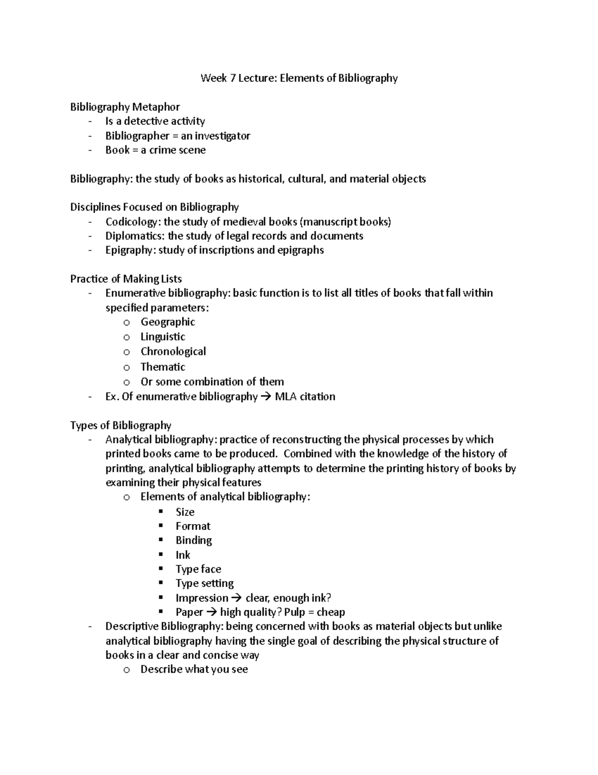 Week 7 Lecture - Week 7 Lecture: Elements of Bibliography Bibliography ...